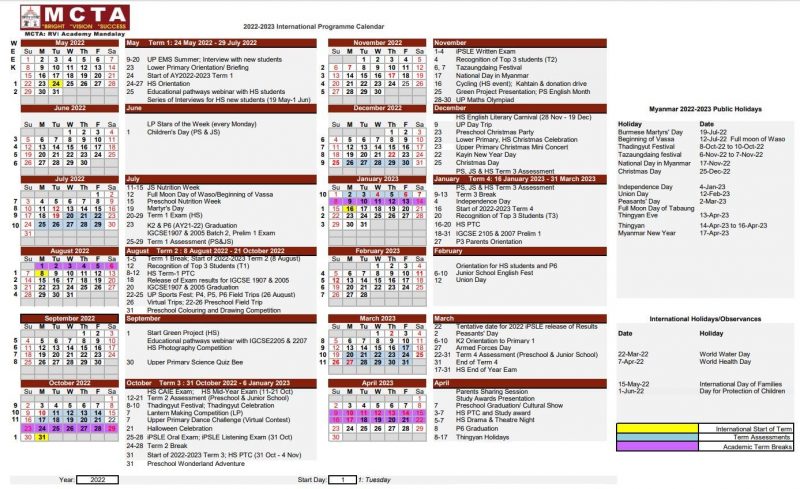Academic calendar AY 2022-2023 – MCTA:RVi Academy